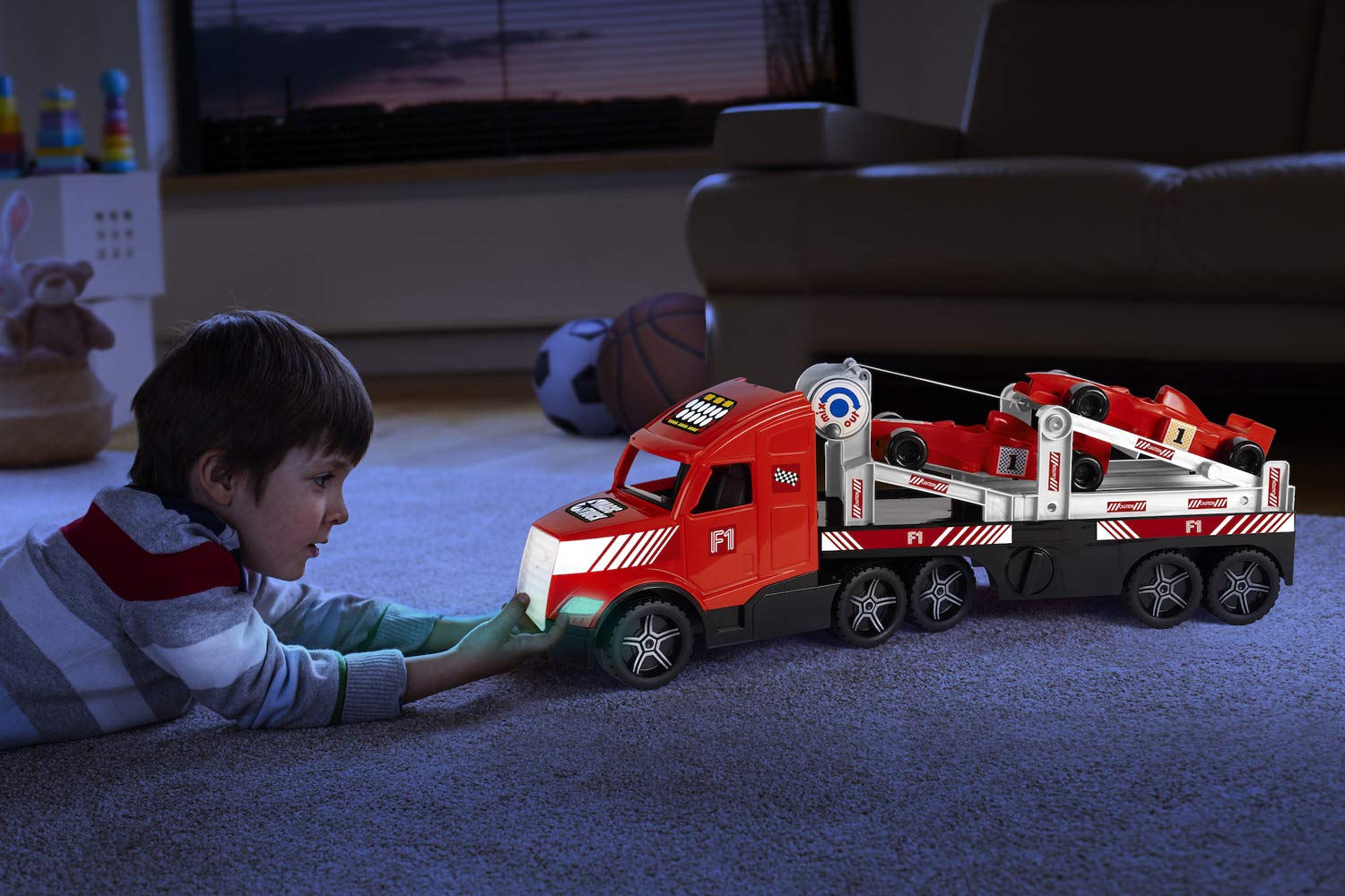Wader 36240 Action Magic Truck Formula 1 Racing Car Transporter with Winch, from 3 Years, Approx. 79 cm, red, Standard