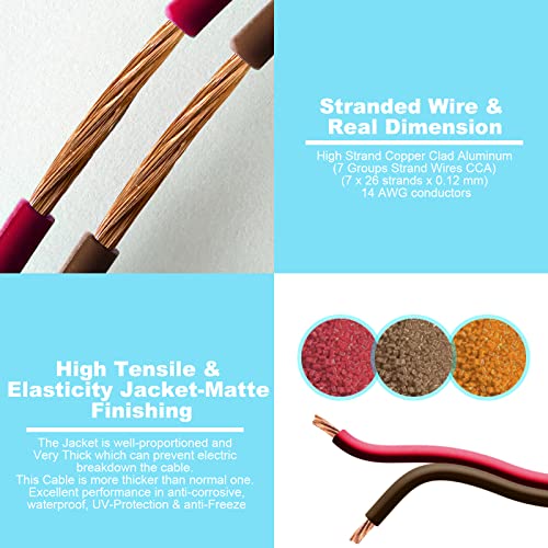 TYUMEN 100FT 14/2 Gauge Red/Brown Wire Power Ground Cable, 14 AWG Stranded Flexible Wire for Electrical Wire, Primary Automotive Wire, Battery Cable, Car Audio Speaker, 12 Volt Low Voltage Wiring