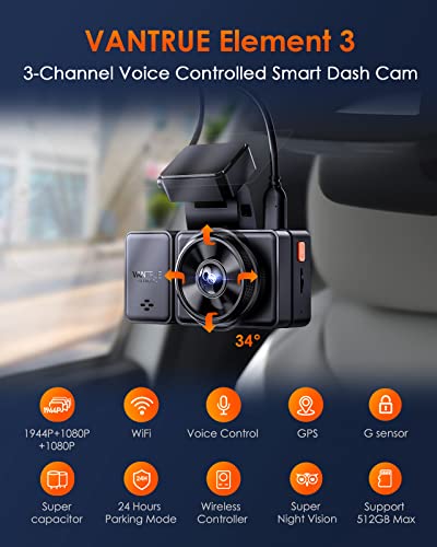 Bundle: Vantrue E3 3 Channel WiFi Dash Cam with GPS Speed+Type C Hardwire kit