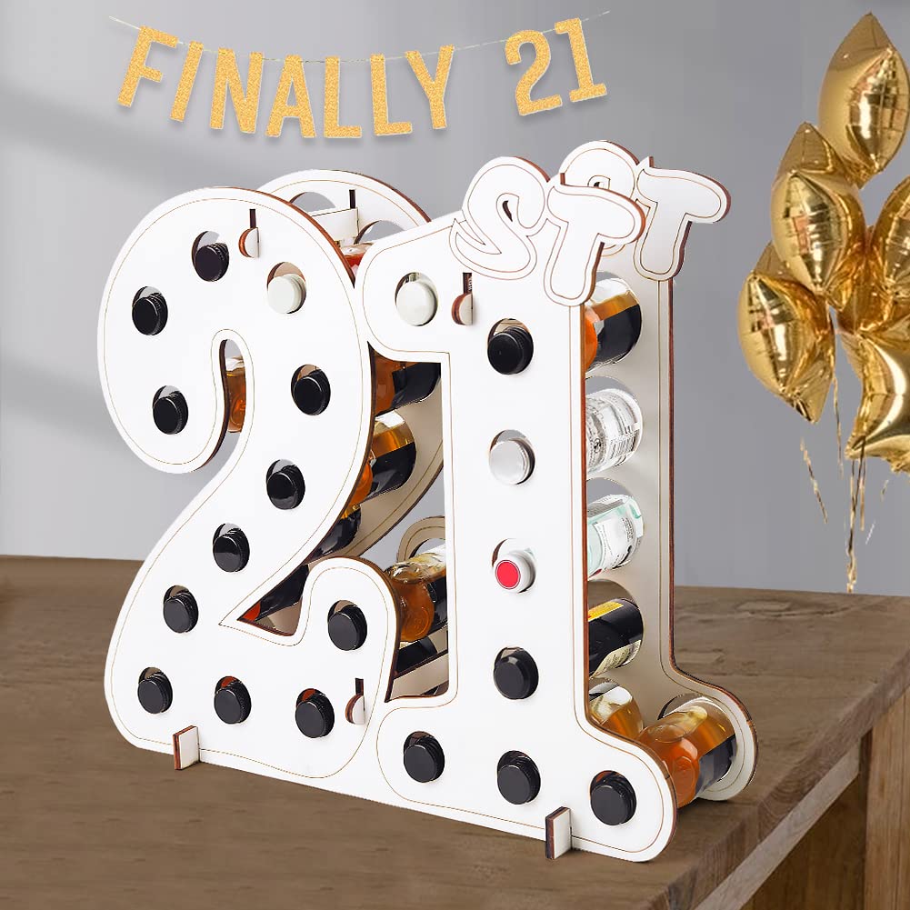 21st Birthday Decorations for Her Wooden Centerpieces for Tables, 21 Mini Liquor Bottle Holder Party Decorations, Wine Bottles Stand Birthday Gifts for Him Liquor Shot Photo Shoot Props Sign (White Number 21)