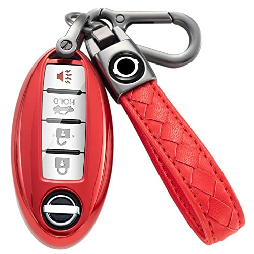 Amebom Compatible with Nissan Key Fob Cover,Fob Cover Case for Nissan Altima Maxima Murano Rogue Sentra 370z Pathfinder Smart Remote Premium Soft TPU Key Cover 2/3/ 4/5 Button, B-(Red)