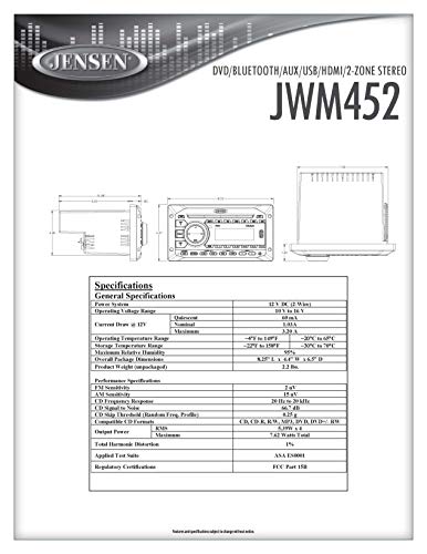 Jensen JWM452 2-Speaker Zones AM/FM|DVD|BT|AUX|USB Bluetooth Wall Mount Stereo, Front USB w/ MP3/WMA Playback, DVD/CD-R/RW Slot and MP3 Compatible, Front AUX A/V Input (3.5mm), Remote Control Included