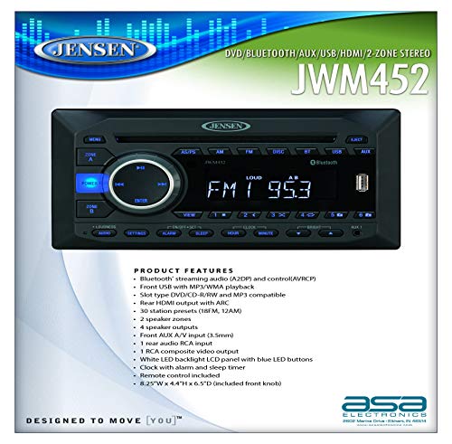 Jensen JWM452 2-Speaker Zones AM/FM|DVD|BT|AUX|USB Bluetooth Wall Mount Stereo, Front USB w/ MP3/WMA Playback, DVD/CD-R/RW Slot and MP3 Compatible, Front AUX A/V Input (3.5mm), Remote Control Included
