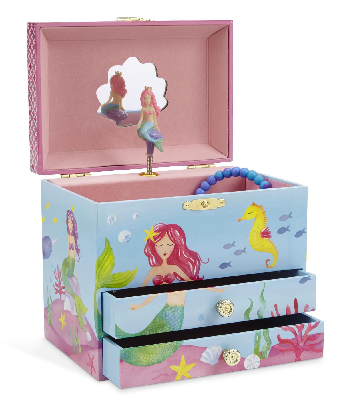 Jewelkeeper Mermaid Musical Jewelry Box for Girls with Two Pullout Drawers, Underwater Design, Plays Over The Waves Tune, Durable Pine Fiberboard, Suitable Gift for Kids Jewelry Storage
