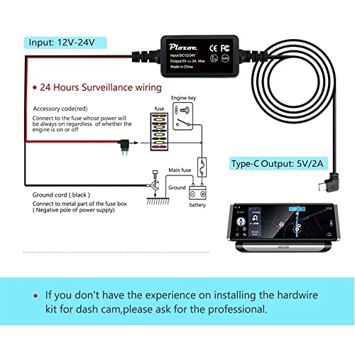 Dash Cam Hardwire Kit,USB C Hard Wire Kit Fuse for Dashcam, Plozoe 12V-24V to 5V Car Dash Camera Charger Power Cord, Gift 4 Fuse Tap Cable and Installation Tool(11.5ft)