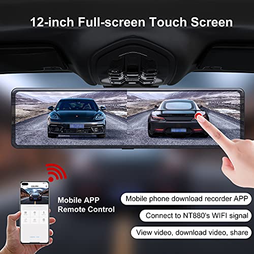 AmazeFan NT880 Mirror Dash cam Front 2K,12'' Touch Screen Dual Dash Camera, Driving Recorder WiFi,170° Wide Angle Night Vision Loop Recording, GPS Tracker, Free 64GB Card, Car Charger