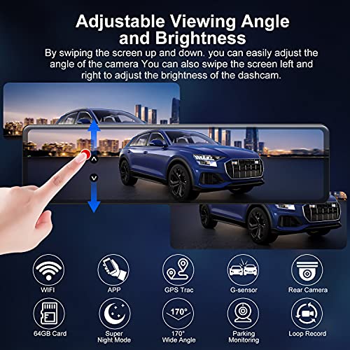 AmazeFan NT880 Mirror Dash cam Front 2K,12'' Touch Screen Dual Dash Camera, Driving Recorder WiFi,170° Wide Angle Night Vision Loop Recording, GPS Tracker, Free 64GB Card, Car Charger