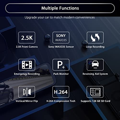 NexiGo D80 2.5K Mirror Dash Cam Front and Rear with Sony IMX335 STARVIS Sensor, 12 Inch Full Touch Screen, Super Night Vision, Emergency Recording, Waterproof Rearview Camera, Parking Assistance