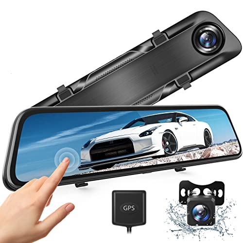 2.5K 12 inches UHD Mirror Dash Cam Front and Rear Camera, GPS Rearview Mirror Camera for Cars & Trucks with IPS Touch Screen, Enhanced Night Vision, Waterproof Backup Camera, Emergency Lock, black