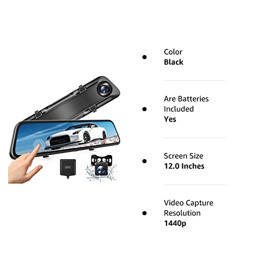 2.5K 12 inches UHD Mirror Dash Cam Front and Rear Camera, GPS Rearview Mirror Camera for Cars & Trucks with IPS Touch Screen, Enhanced Night Vision, Waterproof Backup Camera, Emergency Lock, black