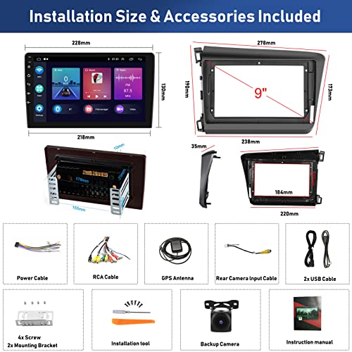 Android 2G+32G Car Stereo for Honda Civic 2012 2013 2014 2015 with GPS Navigation 9 inch HD Touchscreen Car Radio with Bluetooth FM in Dadh Head Unit with WiFi Mirror Link EQ Subwoofer Backup Camera …