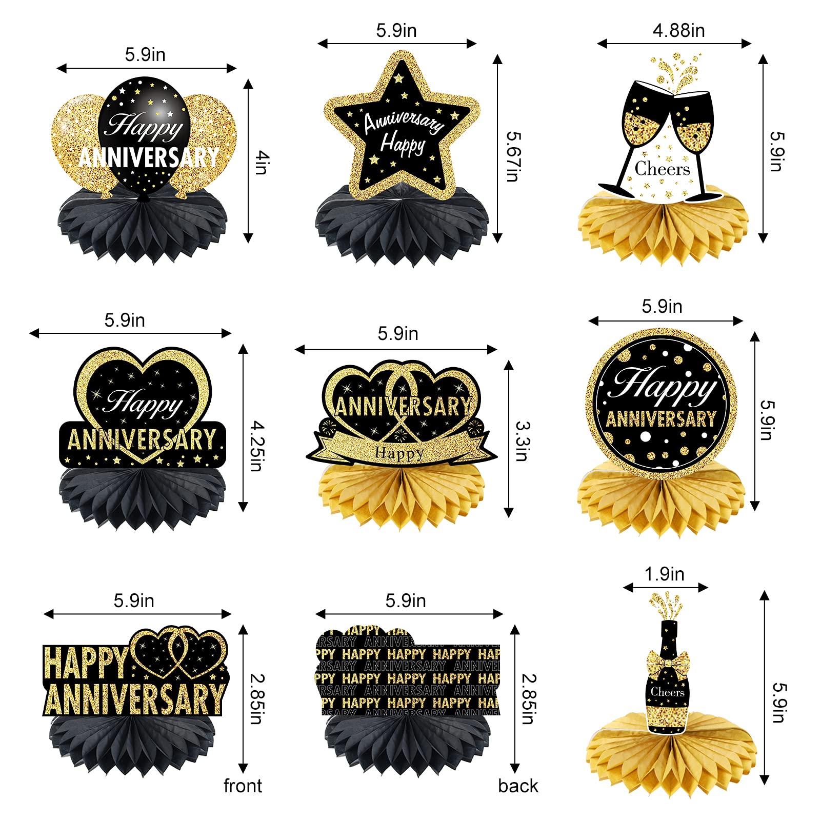 Happy Wedding Anniversary Decorations Table Honeycomb Centerpiece, 8pcs Anniversary Theme Party Supplies for Adult, 10th 25th 30th 40th 50th 60th Anniversary Table Decor Sign