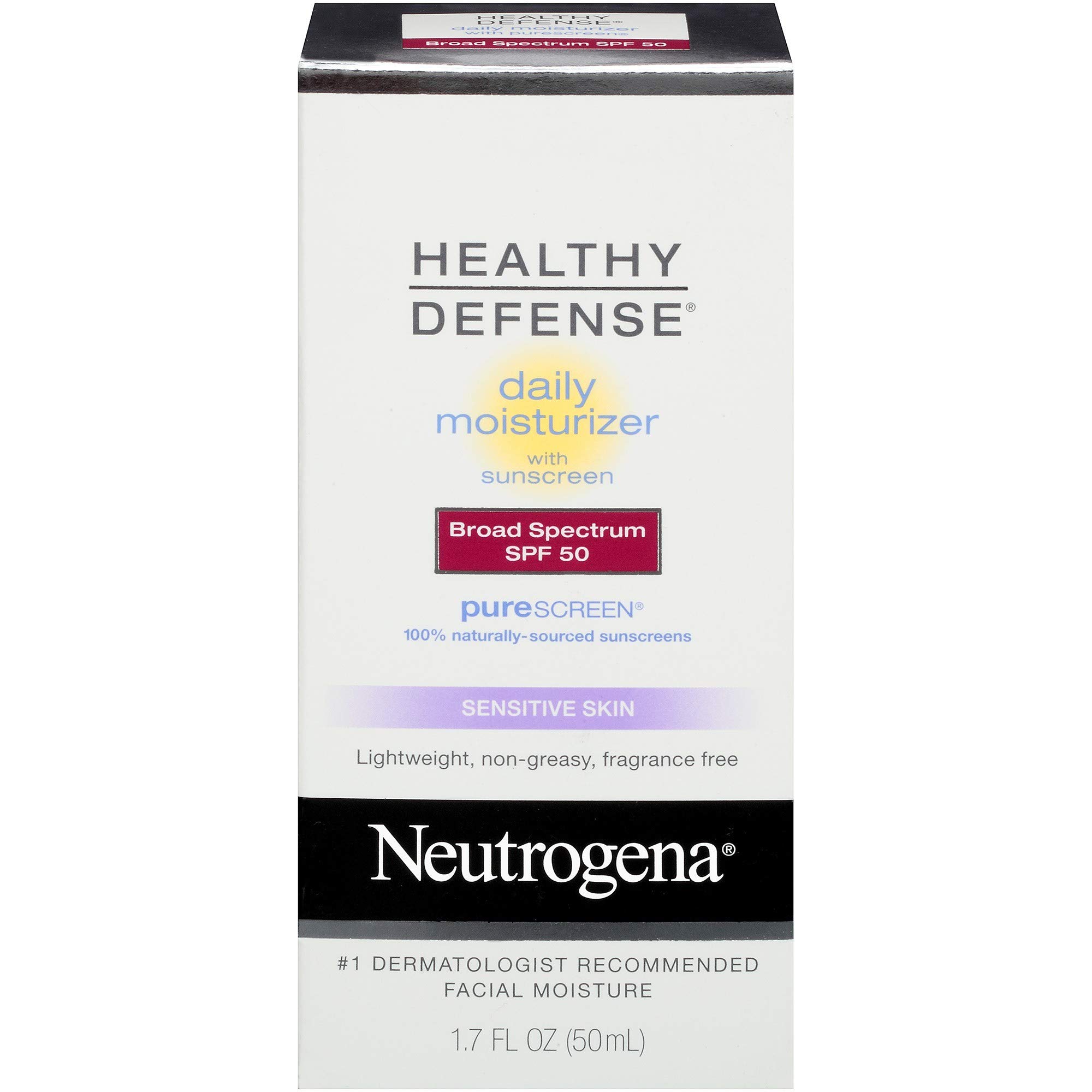 Neutrogena Healthy Defense Daily Moisturizer for Sensitive Skin with SPF 50, Mineral Sunscreen with Zinc Dioxide & Titanium Dioxide, Oil-Free & Fragrance-Free, 1.7 fl. oz