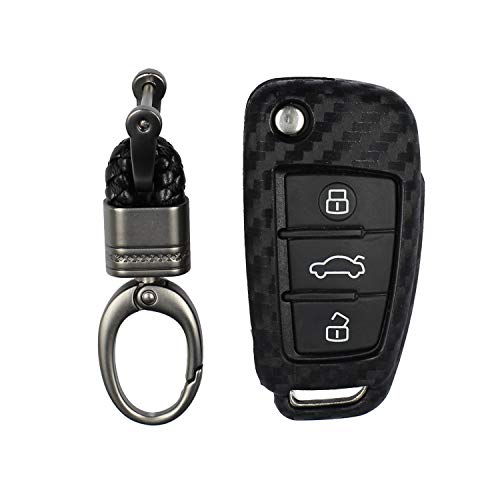 M.JVisun Soft Silicone Rubber Carbon Fiber Texture Case for Audi Flip Car Remote Key Fob Cover for Audi A1 A3 A4 A6 A8 Quattro Q2 Q3 Q7 R8 RS3 RS6 S3 S6 TT TTS Remote Key - Black - Weave Keychain