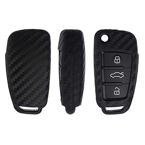 M.JVisun Soft Silicone Rubber Carbon Fiber Texture Case for Audi Flip Car Remote Key Fob Cover for Audi A1 A3 A4 A6 A8 Quattro Q2 Q3 Q7 R8 RS3 RS6 S3 S6 TT TTS Remote Key - Black - Weave Keychain