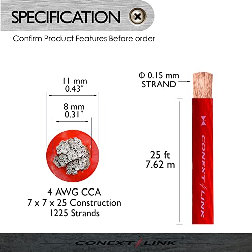 Conext Link 25 ft Red 4 Gauge Amplifier Power Ground Wire 25 Feet 4 GA AWG Amp Cable Roll (10846)