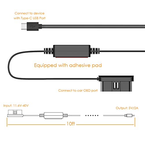 VANTRUE 10ft Type C USB OBD Hardwire Charger Cable N4, N2 Pro(2023), E1, E1 Lite, E2, E3, S2-3CH, S2-2CH, N2S, X4S, N1 Pro(2023), T3 Dash Cam and Other Type C USB Power Port Dash Cams