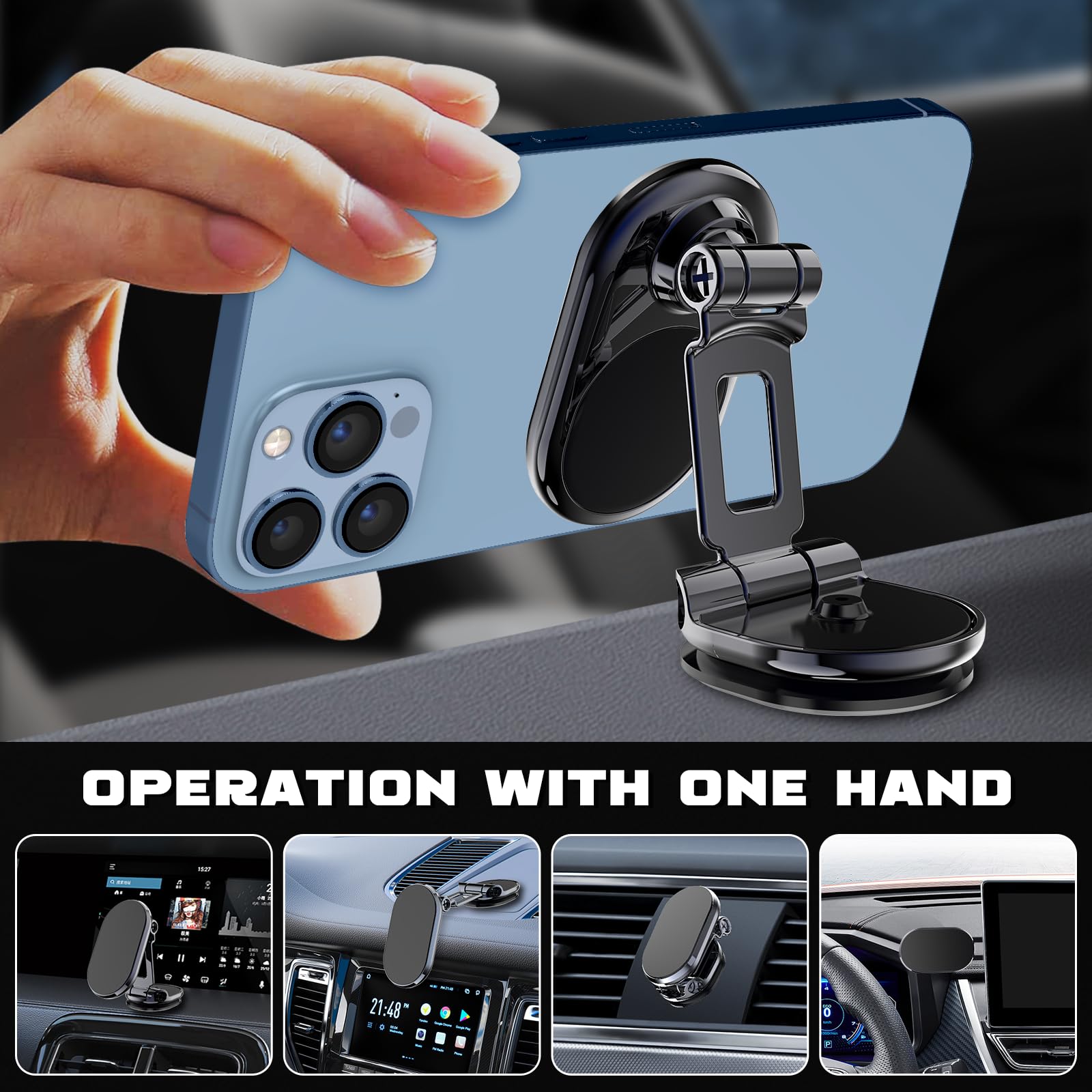 Car Phone Stand, DIPEQOBA Must-Have Alloy Folding Magnetic Cell Phone Mount, Stable Versatile Automobile Dashboard Holder With Dual 360° Rotation, Universal Hands Free Car Accessory for All Smartphone