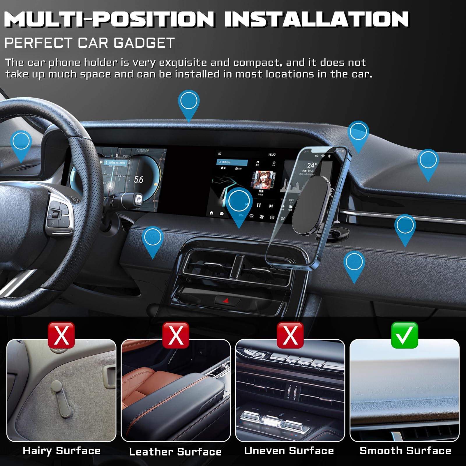 Car Phone Stand, DIPEQOBA Must-Have Alloy Folding Magnetic Cell Phone Mount, Stable Versatile Automobile Dashboard Holder With Dual 360° Rotation, Universal Hands Free Car Accessory for All Smartphone