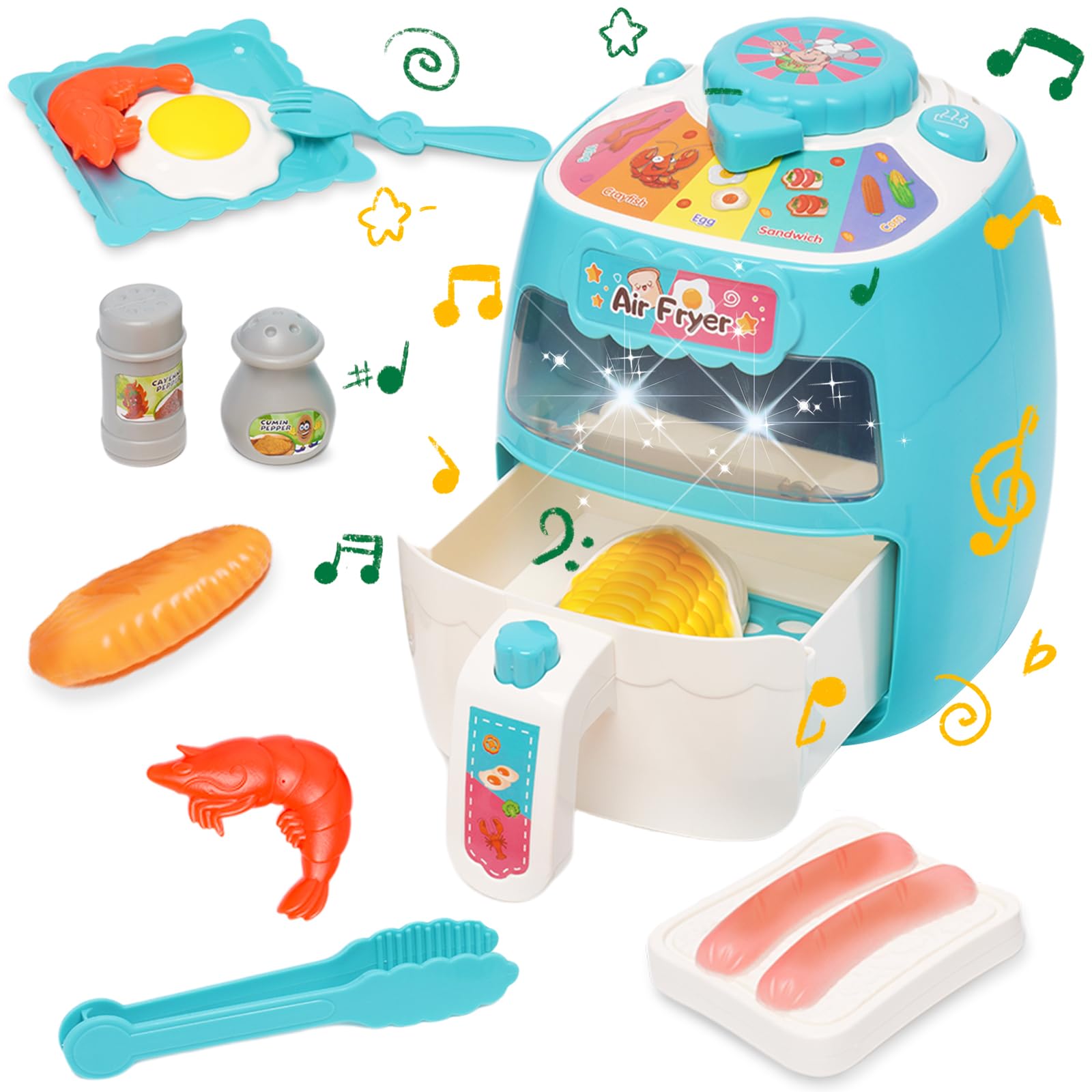 Pretend Play Air Fryer Toy, Kitchen Appliances Kitchen Accessories Playset, Realistic Kids' Food Toy, Talking Musical Cooking Toy Set with Music Sound and Color-Changing Food for Ages 3+