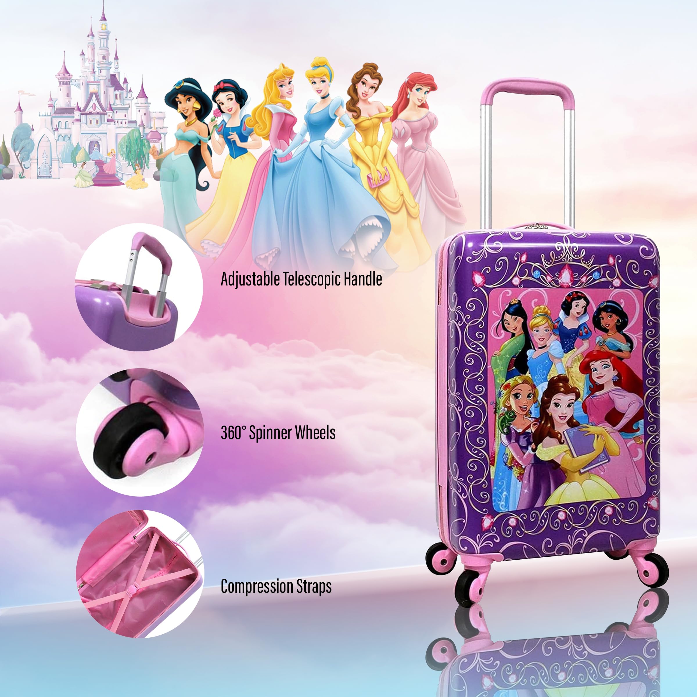 luggage 20 inch Disney Princess Hard-Sided Rolling Spinners Carry-On Tween Travel Trolley Suitcase for Kids