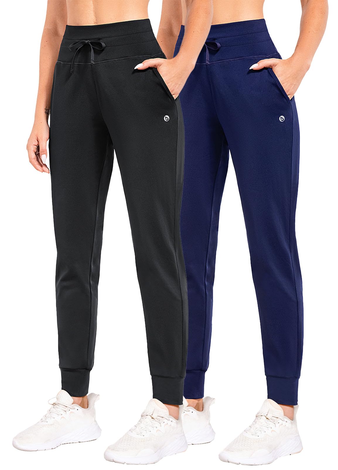 BALEAF Women's Fleece Lined Pants High Waisted Sweatpants Winter Thermal Leggings Ski Hiking Joggers 2 Pack Black/Blue M