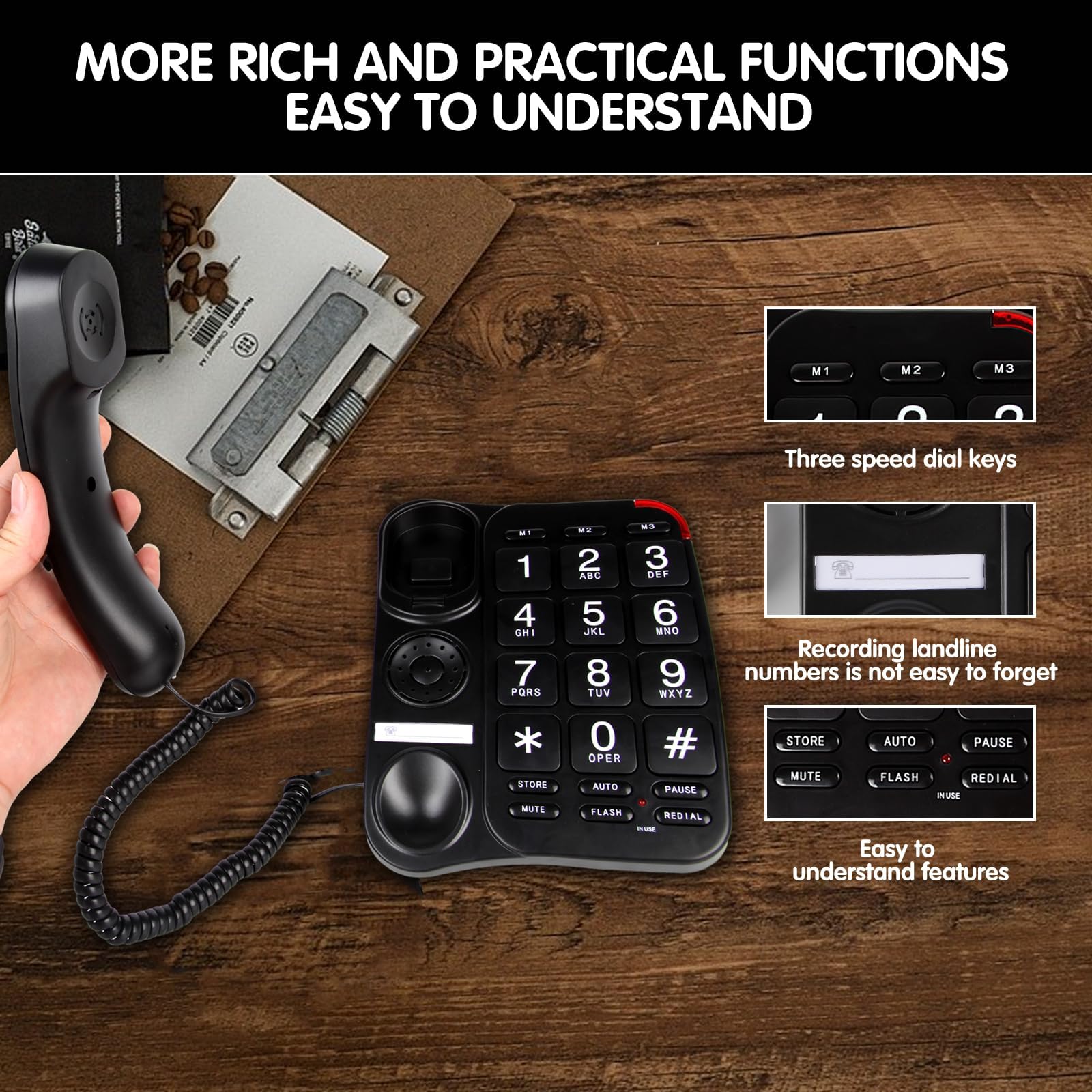 Large Key Wired Telephone, Corded Landline Telephone- Volume Adjustable Speakerphone Landline, Clear Font Big Button Landline Phones, Corded Landline Telephone