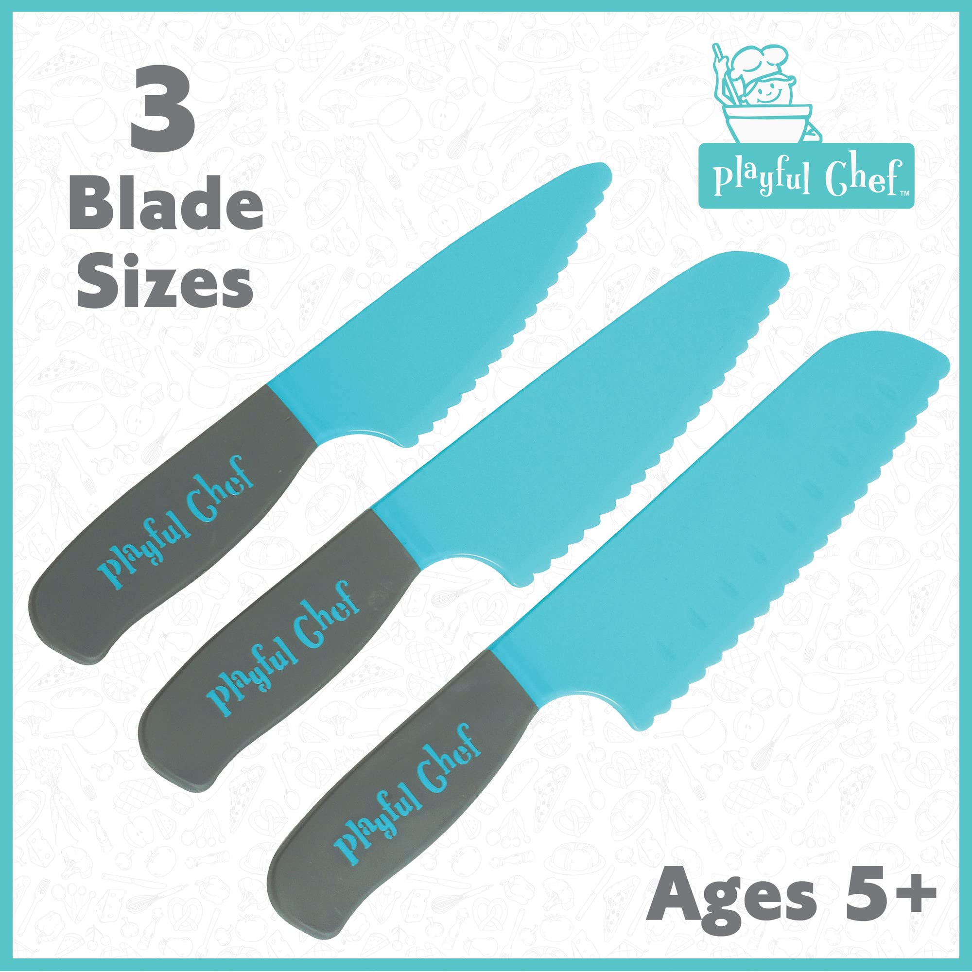 Playful Chef: Safety Knife Set for Kids โ 3 Knives Plastic Blades with Serrated Edges โ Safe for Little Hands, Ages 5 & up - Dishwasher Safe
