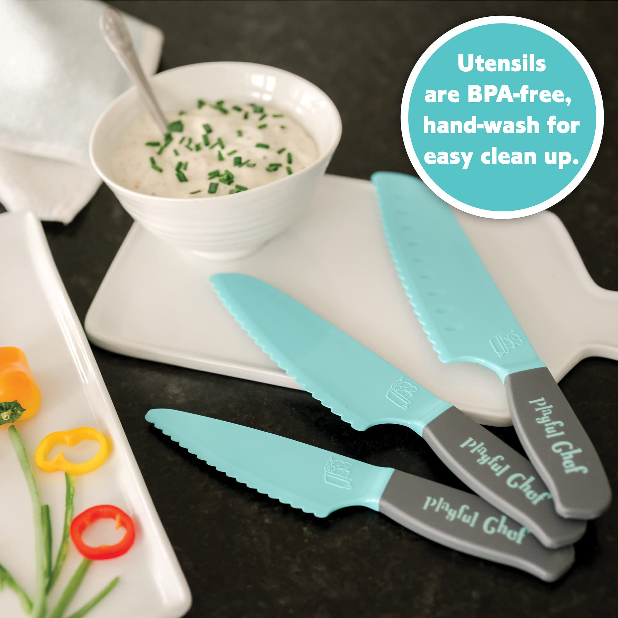 Playful Chef: Safety Knife Set for Kids โ 3 Knives Plastic Blades with Serrated Edges โ Safe for Little Hands, Ages 5 & up - Dishwasher Safe