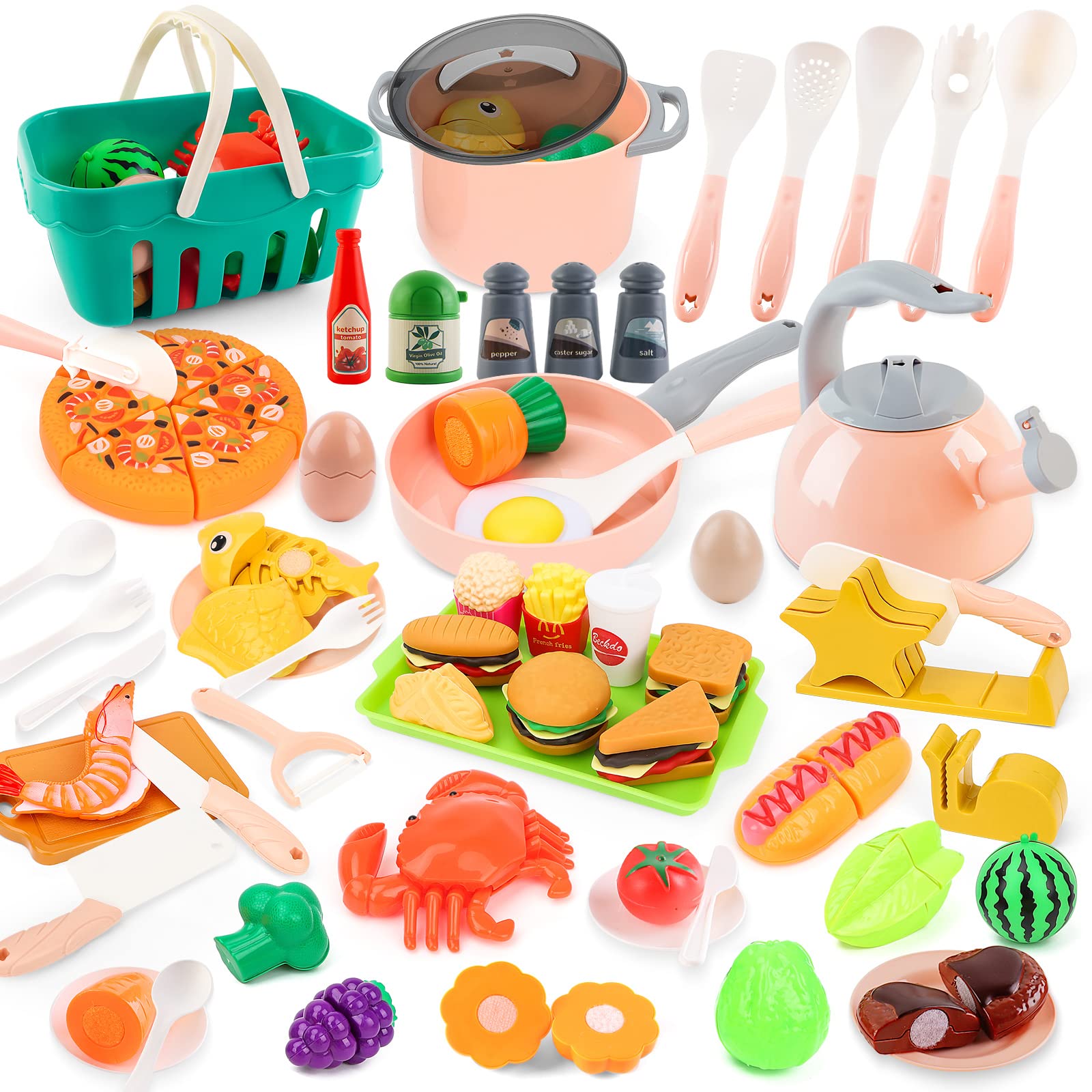 deAO Kids Play Kitchen Accessories with Pots and Pans,Cutting Food Toy,Cookware Utensils,63 PCS Play Food Set-- Kids Kitchen Accessories for Girls Boys Kids