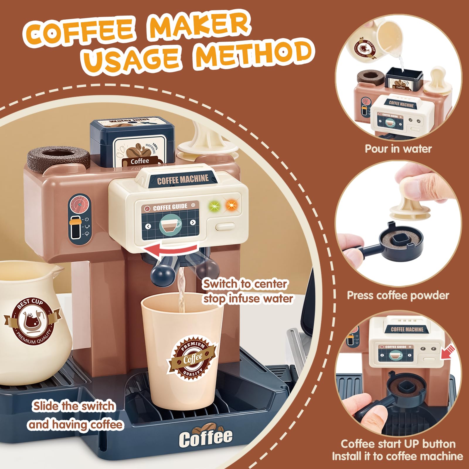 Pretend Role Play Toy Kids Coffee Maker Playset, ACROFEK Toy Coffee Maker with Sound Light, Play Coffee Maker Set for Kids with Fake Donuts (41PCS)