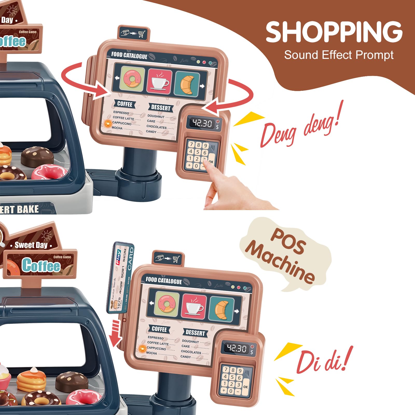 Pretend Role Play Toy Kids Coffee Maker Playset, ACROFEK Toy Coffee Maker with Sound Light, Play Coffee Maker Set for Kids with Fake Donuts (41PCS)