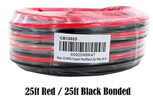GS Power 12 AWG (American Wire Gauge) Flexible OFC Zip Cord Speaker Cable for Car Stereo Amplifier Remote Automotive Trailer Harness Hookup Wiring | 25 ft Red & 25' Black Bonded – Pure Copper