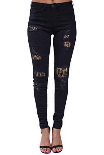 Andongnywell Women's Mid Rise Destroyed Skinny Jeans Colombian Design (Black,Medium)