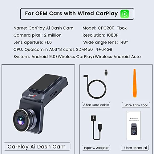 CarlinKit Dash Cam with Wireless CarPlay & Wireless Android Auto Adapter Dash Camrea, 4G+64G, Built in GPS, Support YouTube, Netflix