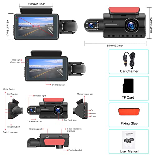 Dash Cam Front and Rear, Dash Camera for Cars 1080P Full HD Dual Dashboard Camera Recorder 3" IPS Screen in Car Camera Night Vision,Motion Detection Parking Monitor G-Sensor+ 32G SD Card