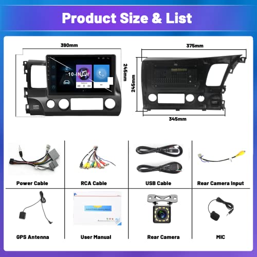 Hikity Android Car Stereo for 2006-2011 Honda Civic Radio, 10.1 Inch Touch Screen Car Stereo with Bluetooth GPS Navigation WiFi FM USB Mirror Link Steering Wheel Control + Backup Camera + Microphone