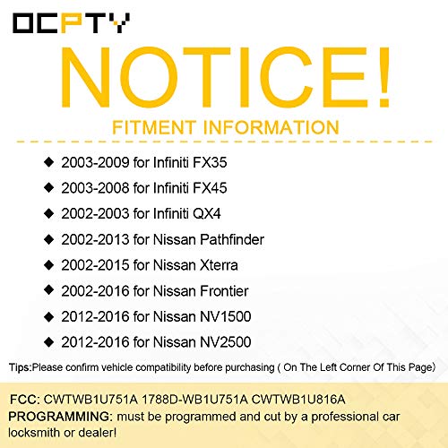 OCPTY CWTWB1U751A 2X Flip Key Entry Remote Control Entry Remote key Fob Transponder Ignition Key 2003-2016 for Infiniti FX35 FX45 QX4 for Nissan Armada Cube Frontier NV1500 Quest 1788D-WB1U751A