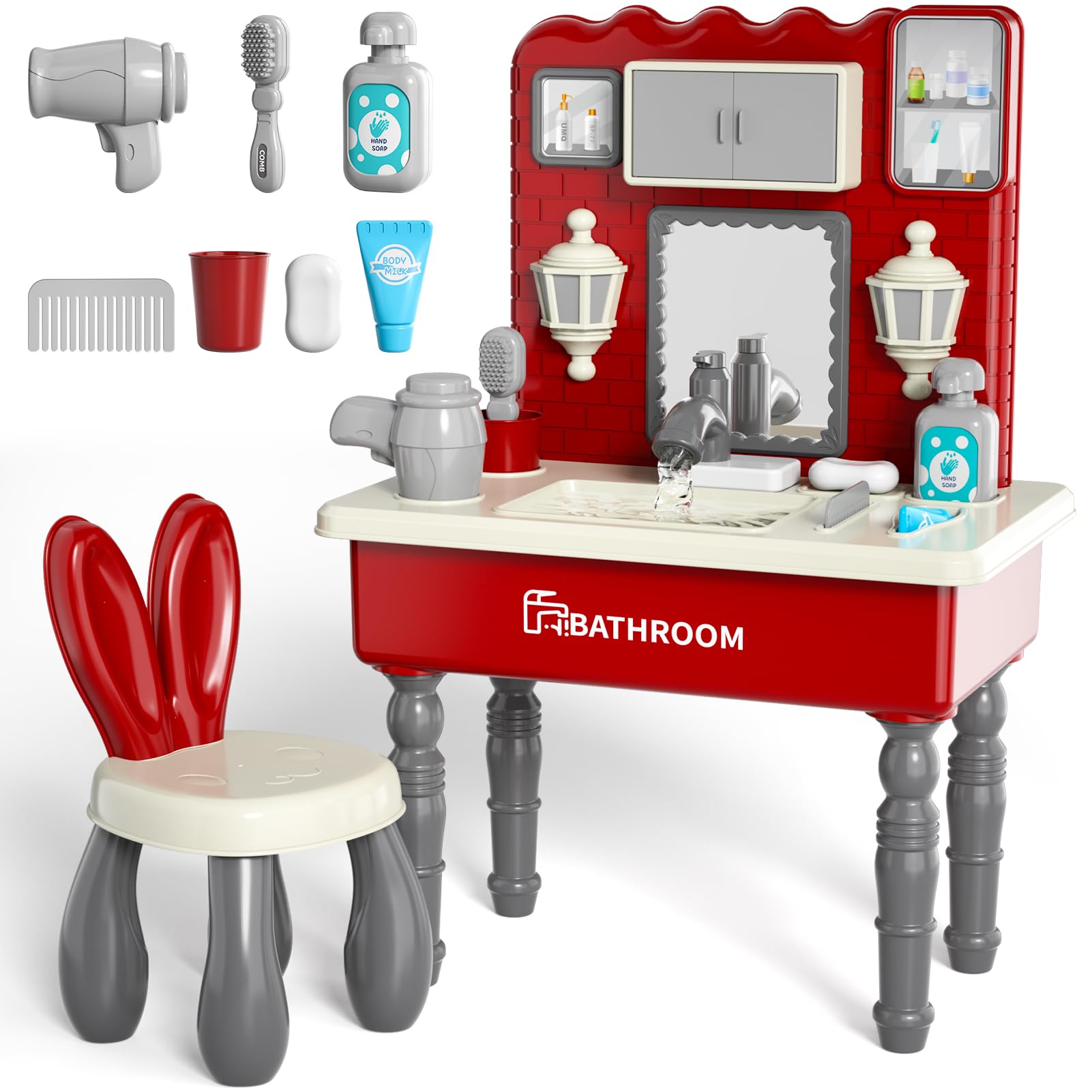 Lucky Doug Pretend Play Sink Toys for Kids, Bathroom Sink Toy with Running Water, Vanity Set with Mirror and Stool for Girls Ages 3 4 5 6 7 Year olds