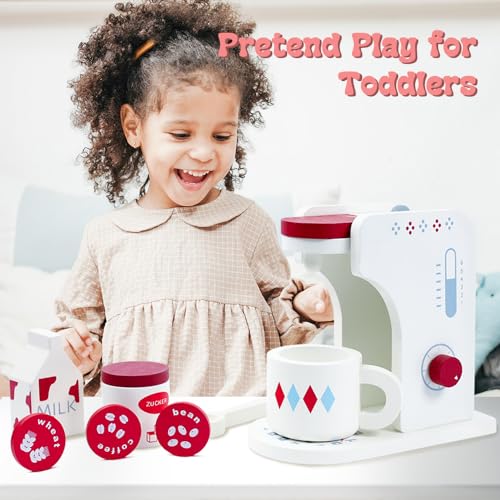 OsetToys Kids Coffee Maker Playset, Wooden Coffee Set Play to Learn Coffee Making Routine , Multi - Pretend Play Kitchen Accessories Kids Coffee Maker Play Set for Girls and Boys