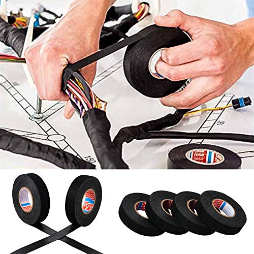 HSTECH 5 Rolls Wire Loom Harness Cloth Tape, Speaker Wiring Harness Cloth Tape, Black Adhesive Fabric Tape, for Automobile Electrical Wire harnessing Noise Dampening Heat Proof (15mm X 15m)