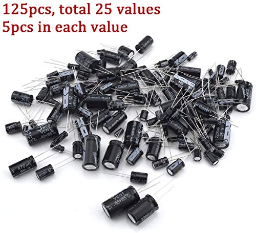 RilexAwhile Aluminium Electrolytic Capacitor Kit 25 Values Total 1uF to 2200uF for TV, VCD, Chargers, Adapters, Electronic Toys (125pcs)