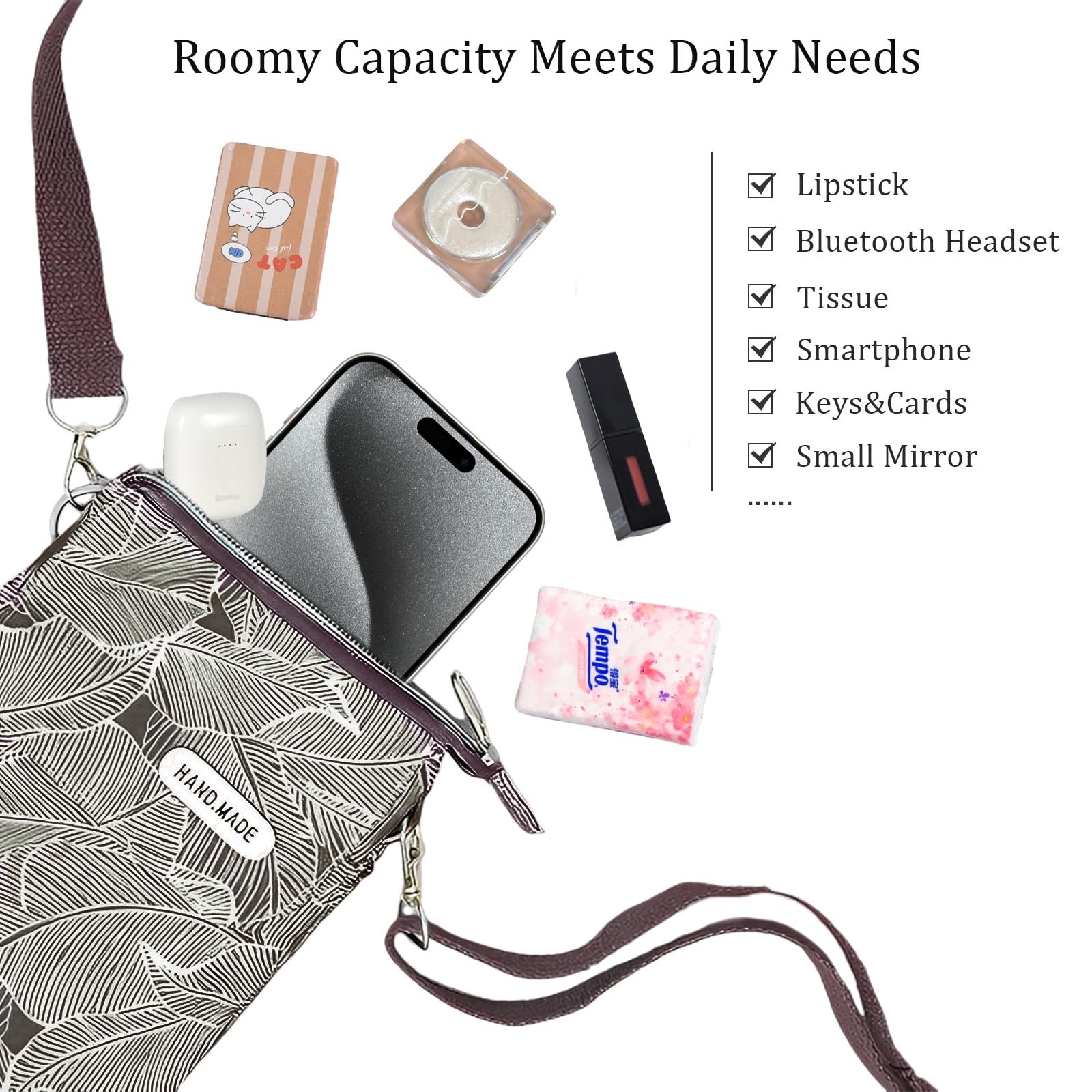 WITERY Small Canvas Cell Phone Purse Wallet- Handmade Cute Leaf Pattern Cross Body Phone Pouch with Shoulder Strap for Women Teen Girls