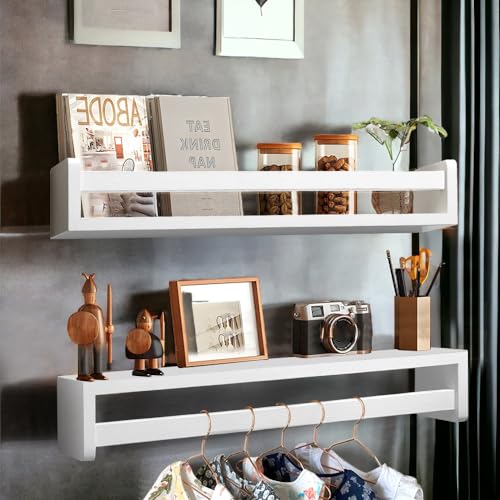 Lixintray Nursery Book Shelves Set of 2, 24inch Floating Bookshelf Natural Solid Wood Book Shelf for Kids Room Nursery Room, Wall Mounted Shelves Bedoom Bathroom Toy Kitchen and Decor Storage