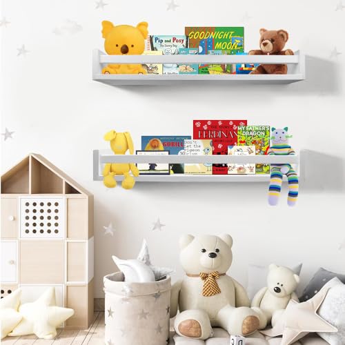 Lixintray Nursery Book Shelves Set of 2, 24inch Floating Bookshelf Natural Solid Wood Book Shelf for Kids Room Nursery Room, Wall Mounted Shelves Bedoom Bathroom Toy Kitchen and Decor Storage
