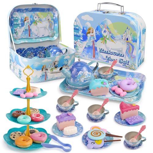 Toddler Toys Tea Set for Little Girls - 48 Pcs Tin Tea Set for Kids Includes Teapot, Tea Cup, Saucers Set Snack Plates & Desserts , Unicorn Princess Tea Party Set with Carrying Case