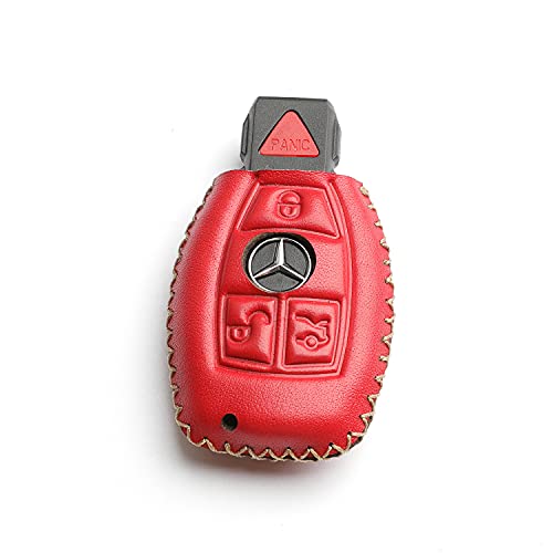 WFMJ Leather for Mercedes Benz C E M S CLS CLK GLK GLC G Class Remote 3 4 Buttons Key Fob Case Cover Keychain Chain (Red)