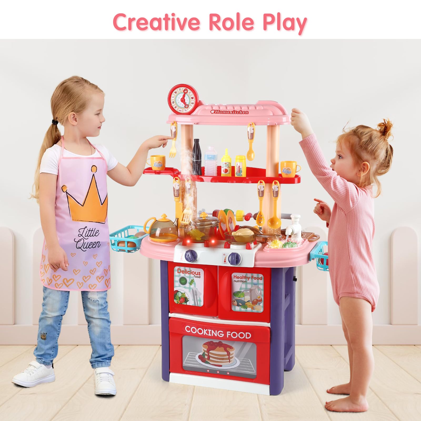 Play Kitchen Playset, 2 in 1 Gill and Kitchen Toys for Toddlers Kids Girls Boys