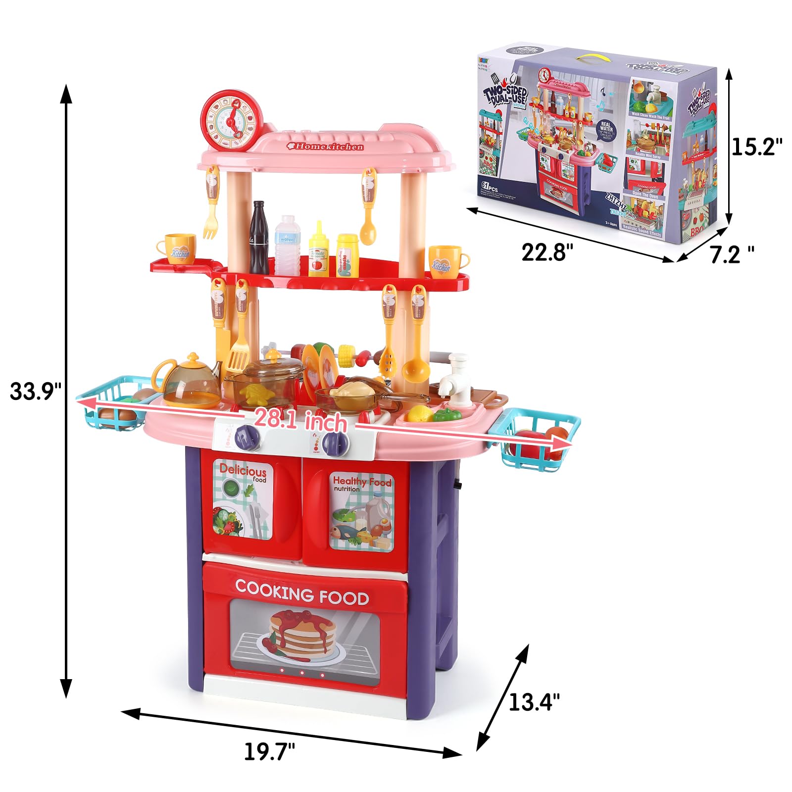Play Kitchen Playset, 2 in 1 Gill and Kitchen Toys for Toddlers Kids Girls Boys