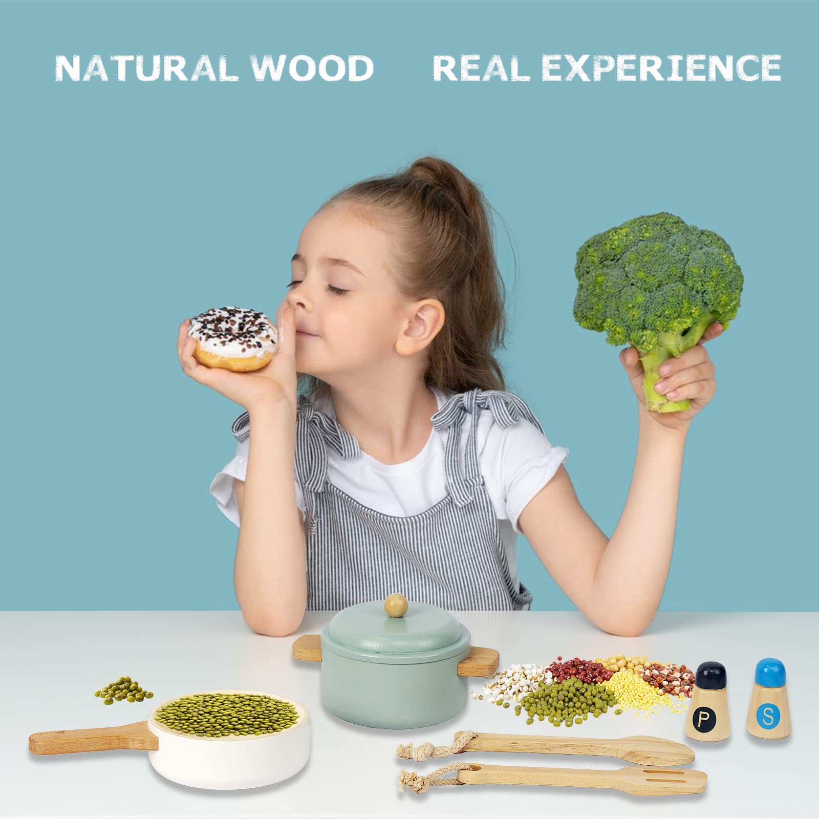 WoodenEdu Premium Toddler Play Kitchen Toys, Wooden Kitchen Utensils, Accessories for Pretend Play Kitchen Set, Montessori Learning Toy, Pretend Cooking Playset, Gift for 3+